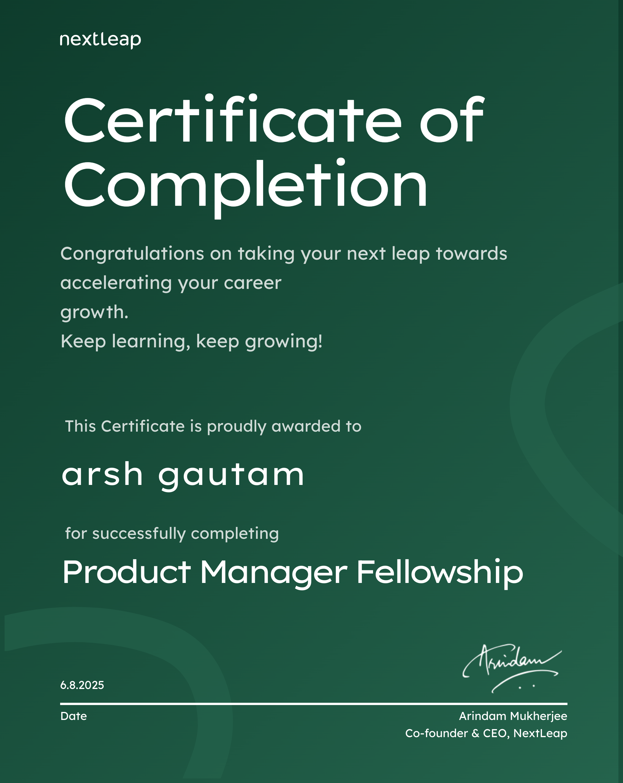 Completion Certificate for Product Manager Fellowship